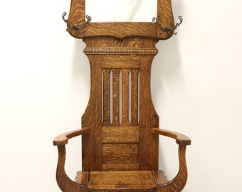 Antique Tiger Oak Hall Tree With Bench Mirror Quarter Sawn Oak Entryway ...