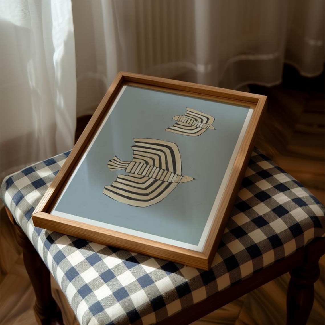 Powder Blue Striped Birds Black and White Print | Modern Folk Art Wall ...