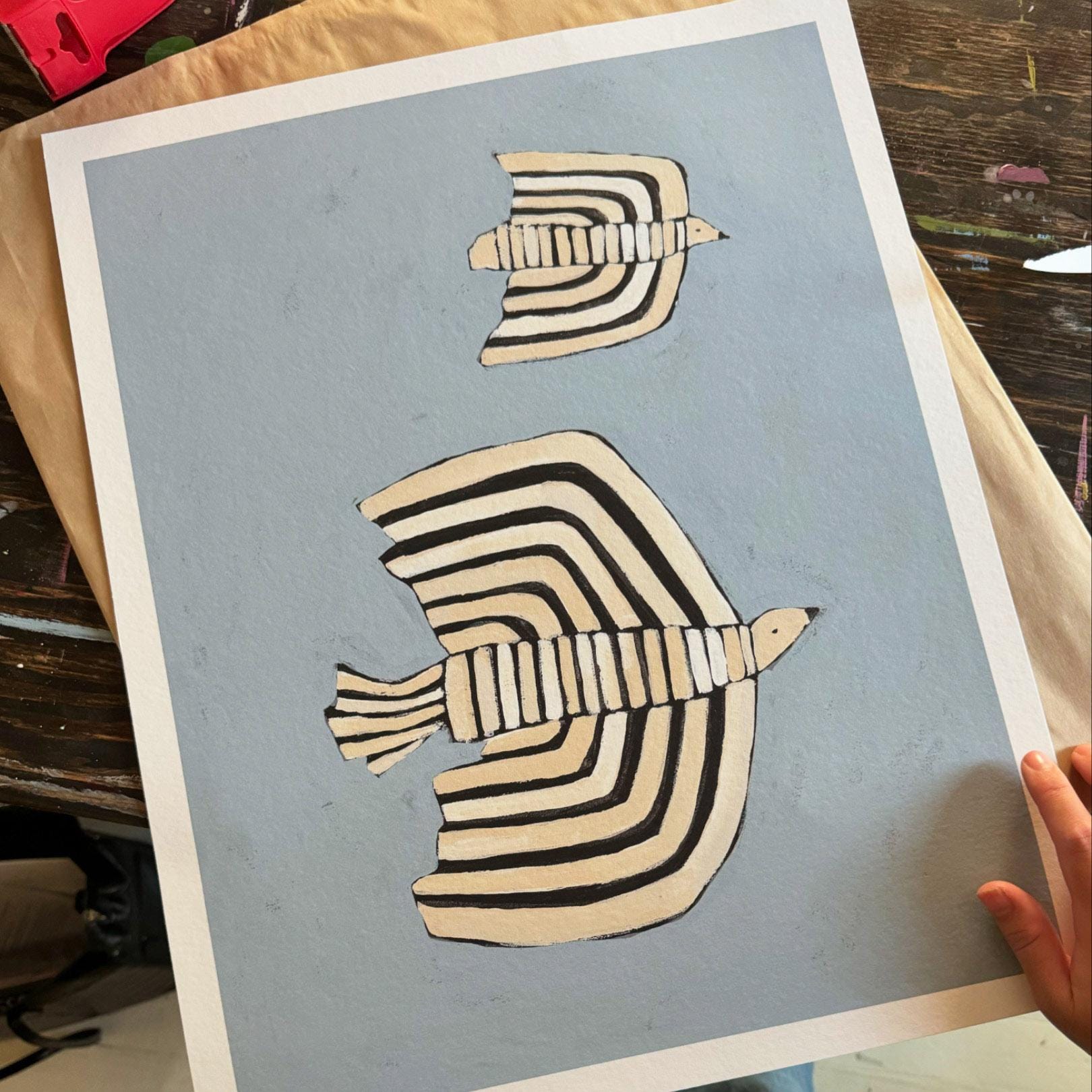 Powder Blue Striped Birds Black and White Print | Modern Folk Art Wall ...