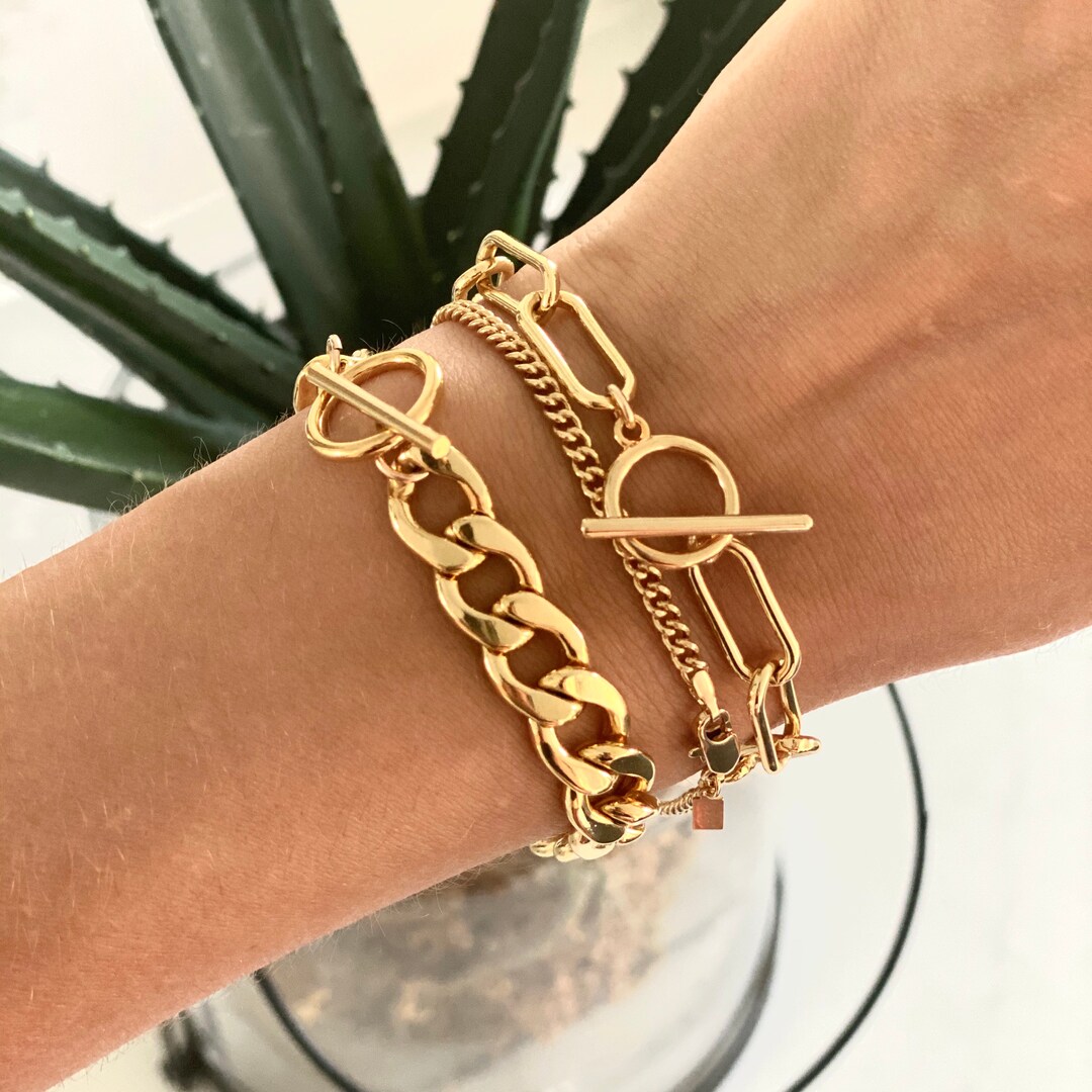 Gold Large Link Chain Bracelet Toggle Gold Bracelet Everyday Bracelet ...
