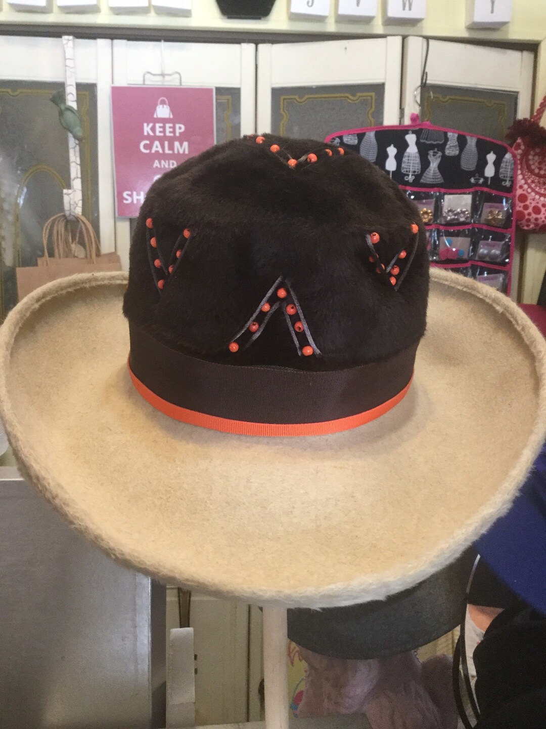 Vintage Tan and Chocolate Hat, Brushed Felted Fur With Orange Accents ...