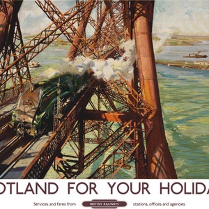 Vintage Railway Poster Forth Bridge Scotland Holiday by Train Advert ...