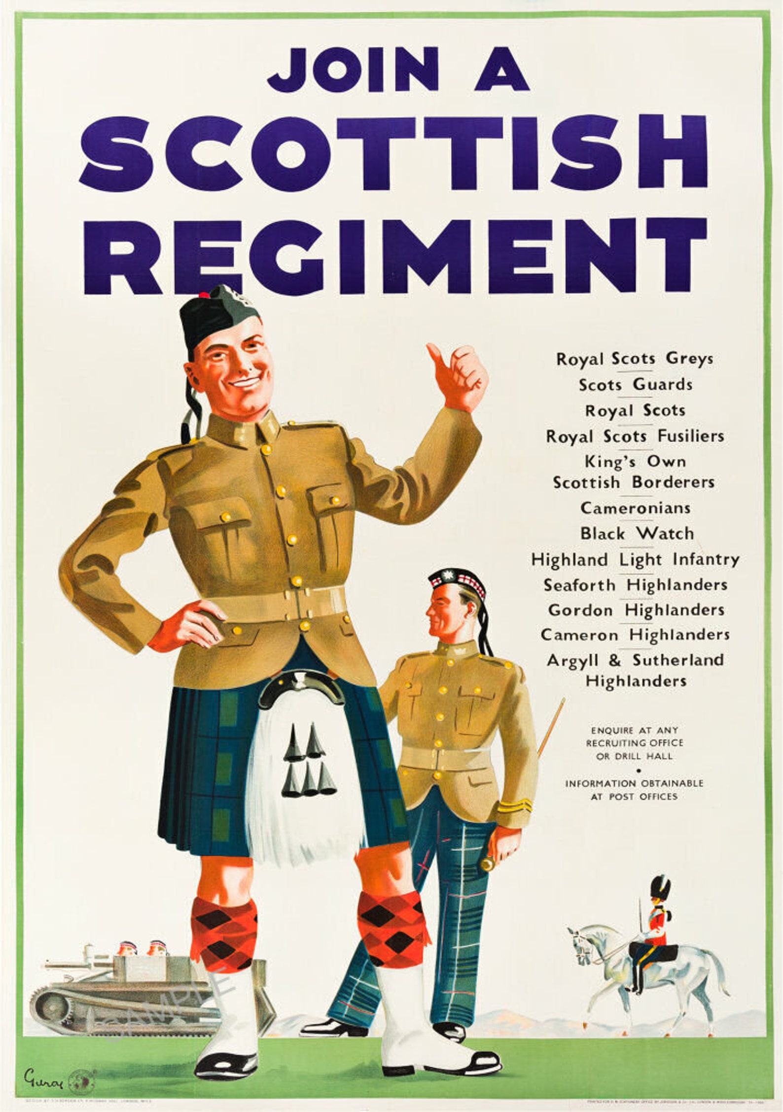 Vintage Poster Scottish Army Recruitment Advert Scots Soldier in Kilt ...