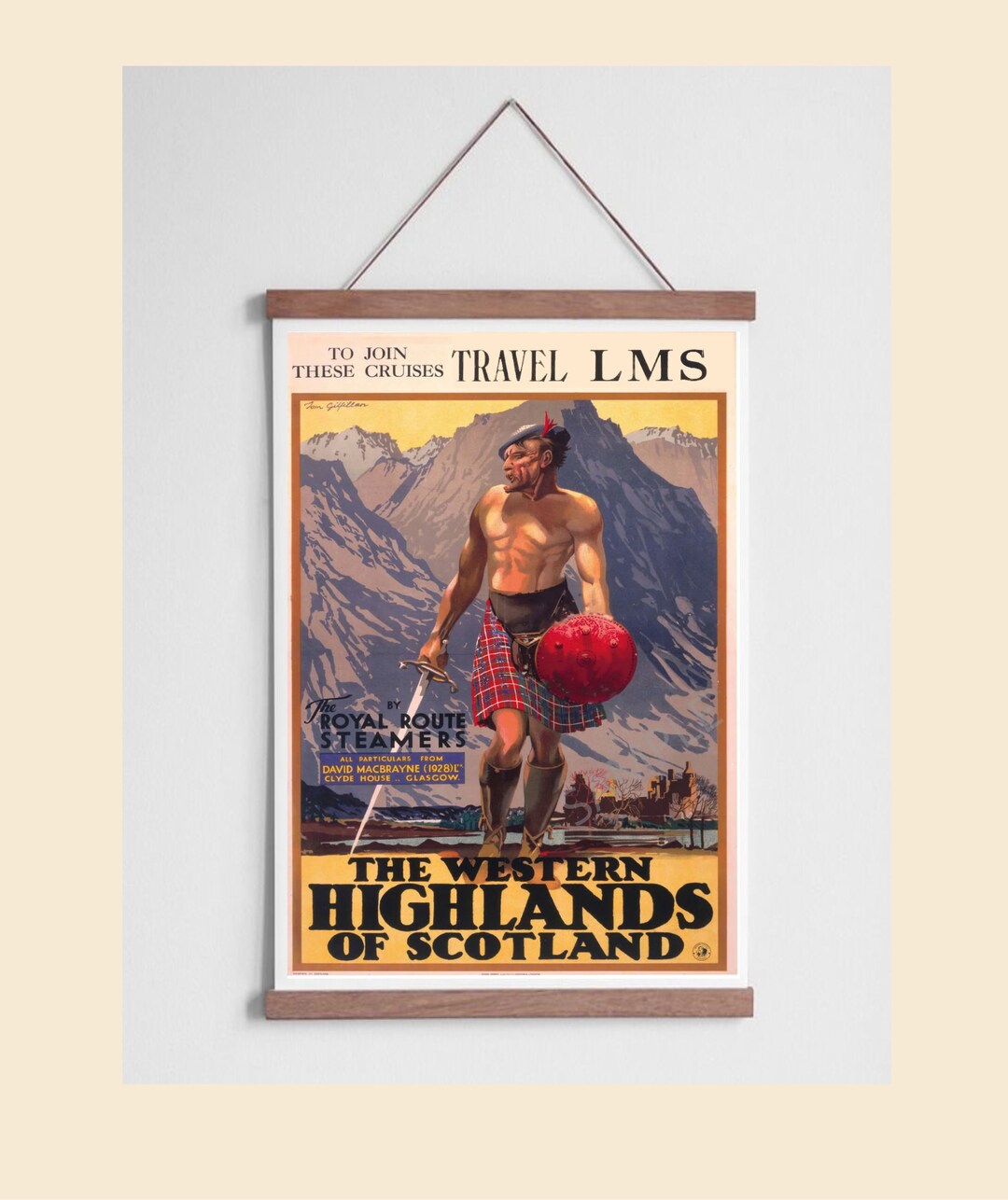 Lms Vintage Travel Poster Western Scotland Highlander Clansman Kilt ...
