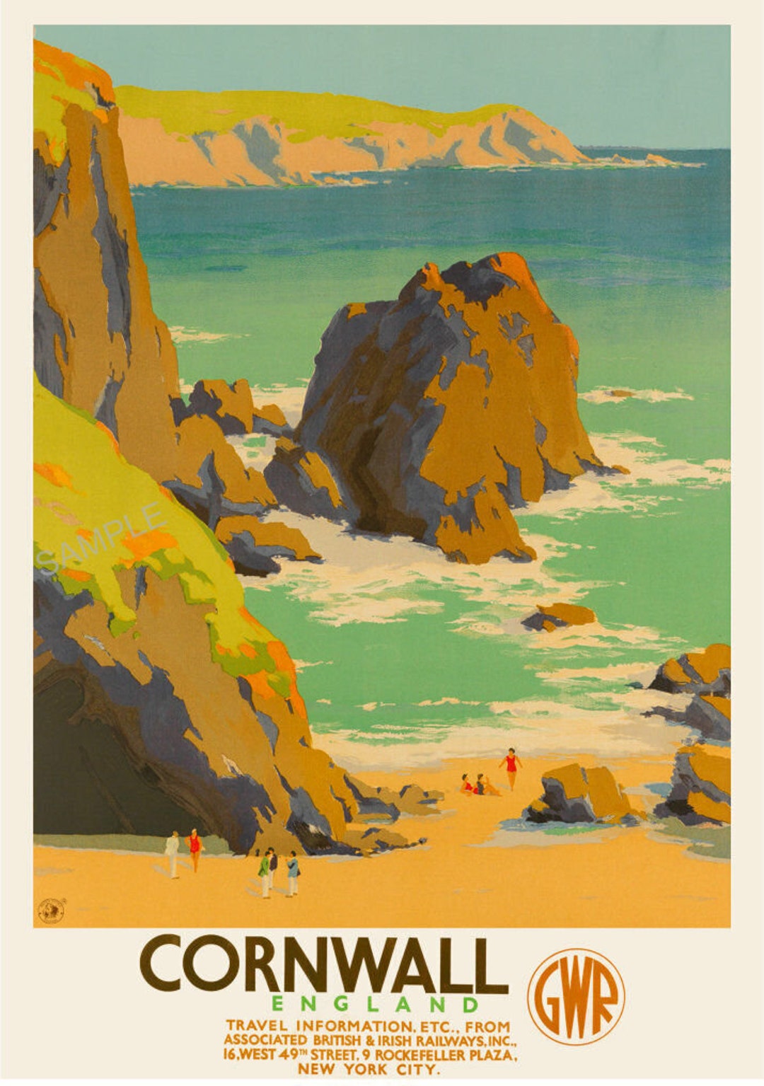 Cornish Vintage Railway Poster Cornwall Art Deco Seaside Beach Scene ...