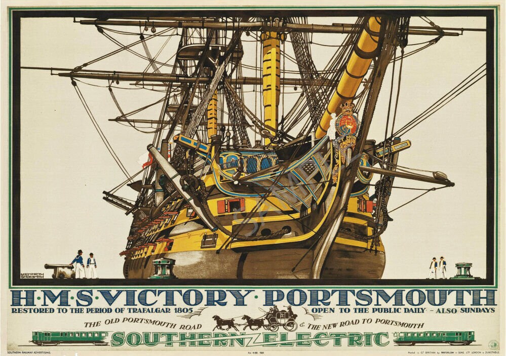 Vintage Railway Poster Hms Victory Portsmouth Train Advert Nelson Print ...