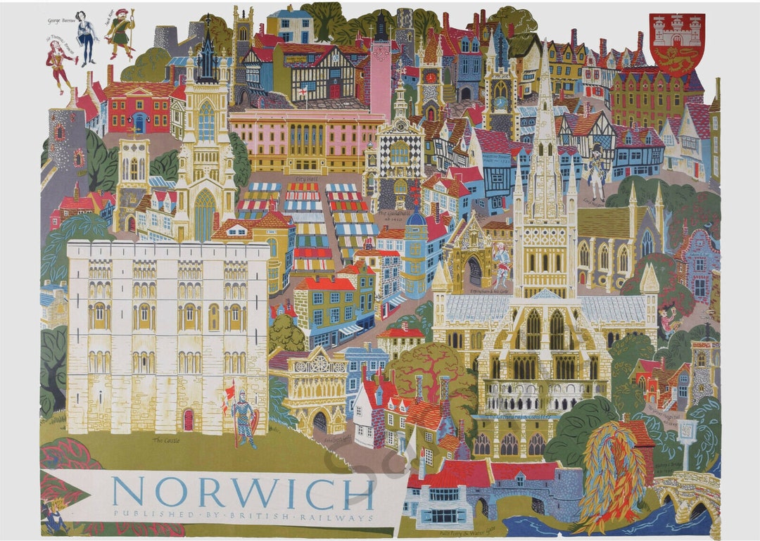 Vintage Poster Norwich British Rail Map Tourist Art Print A3 A4 East ...