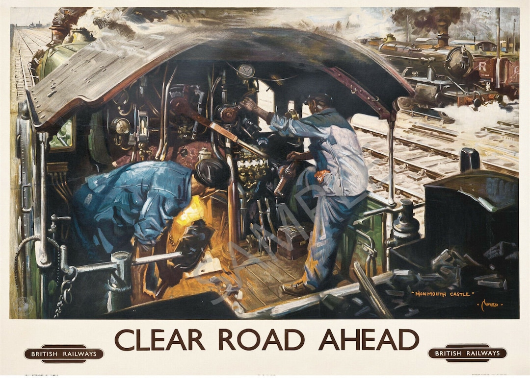 Vintage Railway Poster Steam Train Print Clear Road Ahead Terence Cuneo ...