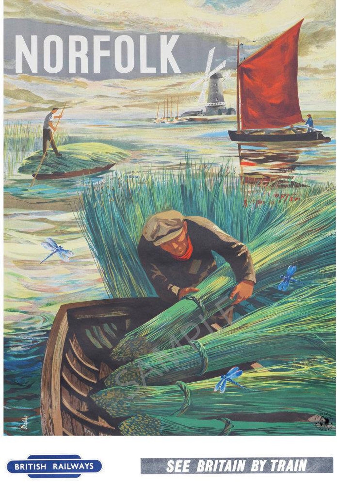 Vintage Railway Poster Norfolk Broads Boat Men Reed Cutters British ...