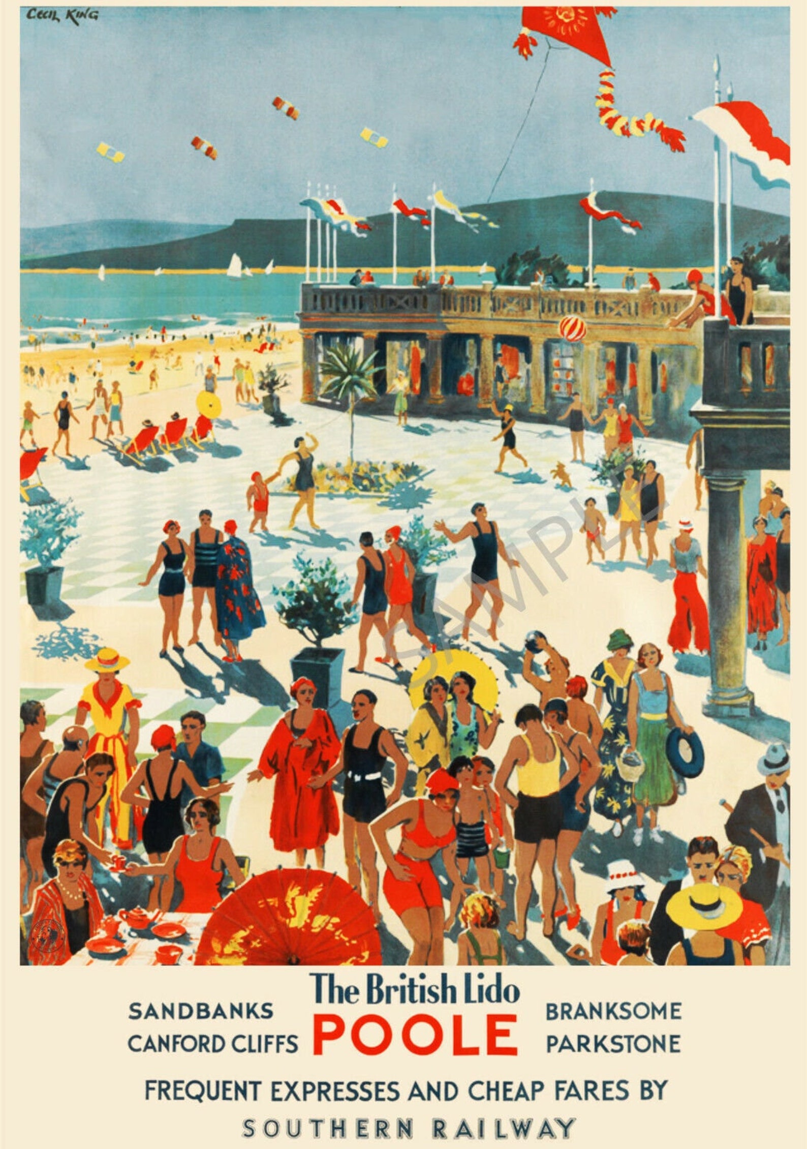 Vintage Railway Poster Poole Lido Dorset Outdoor Pool Baths Art Deco ...