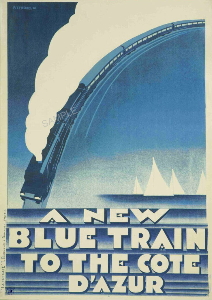 Vintage Railway Poster Blue Train Cote D'azur French Travel Art Deco ...
