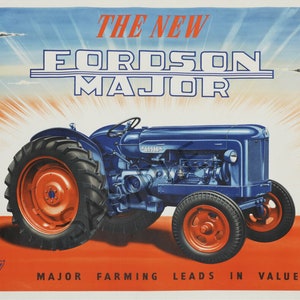 Vintage Tractor Poster Fordson Major Blue Farm Vehicle Retro Advert ...