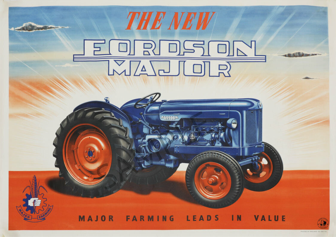 Vintage Tractor Poster Fordson Major Blue Farm Vehicle Retro Advert ...