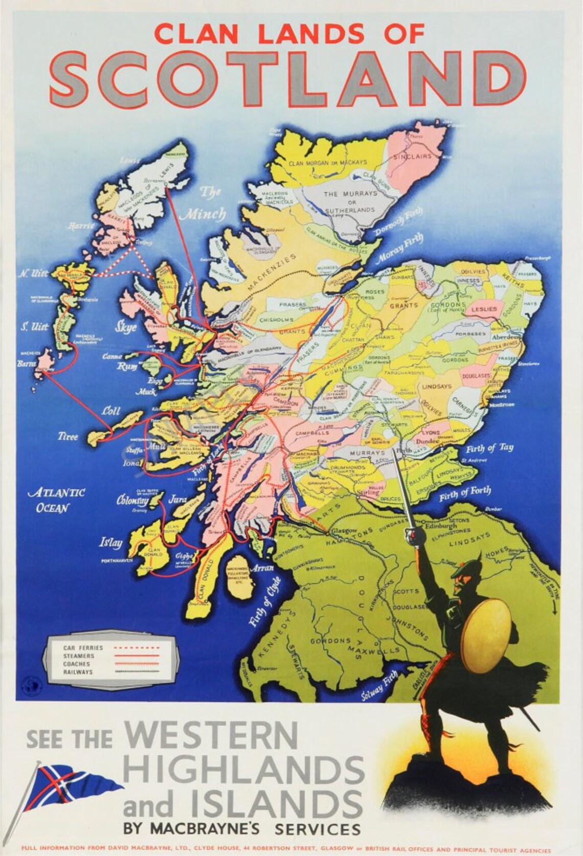 Vintage Scotland Clans Map Poster: Macbrayne's Travel Advert Print ...