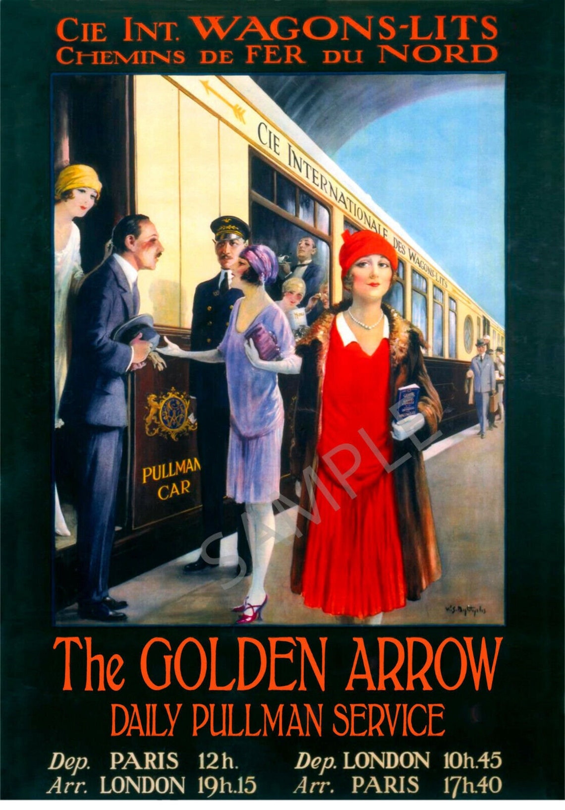 Vintage Railway Poster Pullman Golden Arrow Train Paris London Art Deco ...