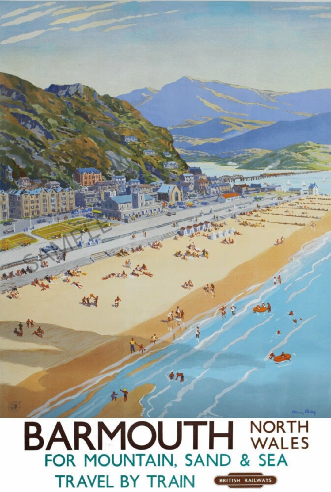 Vintage Railway Poster Barmouth Beach Seaside Train Advert Art Deco ...