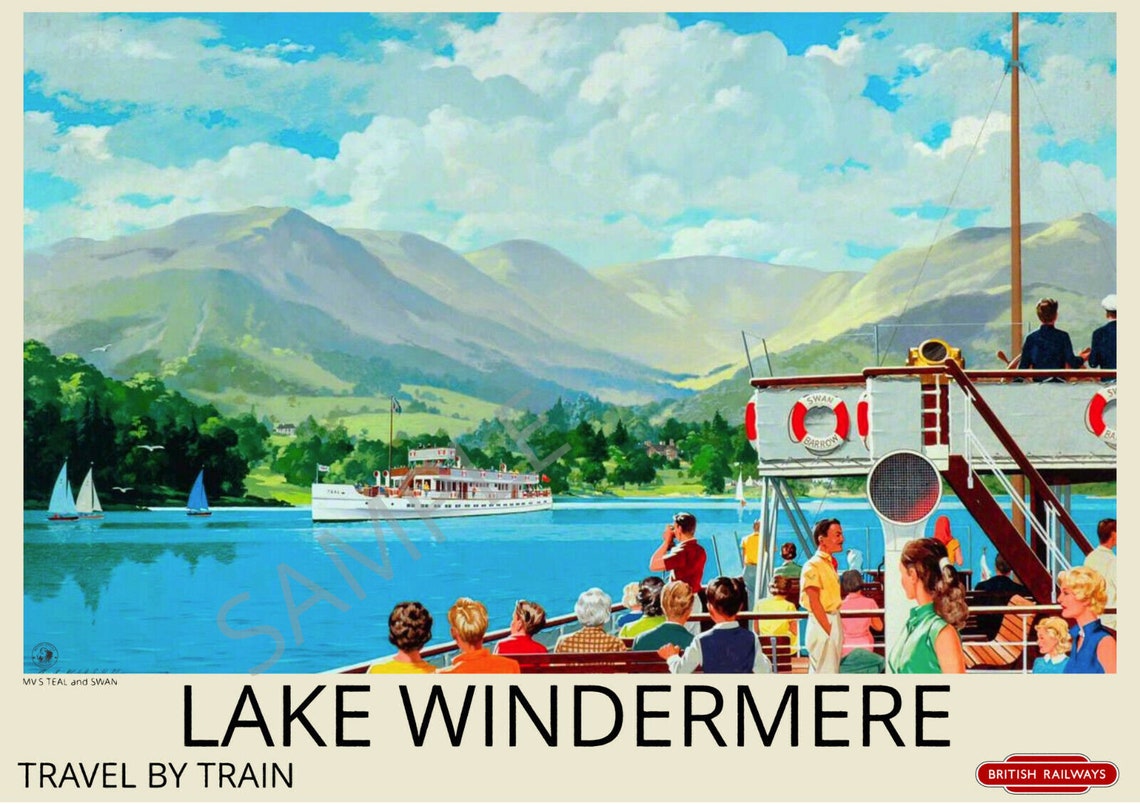 Vintage Railway Poster Lake Windermere Boats Mv Teal + Swan Art Deco ...