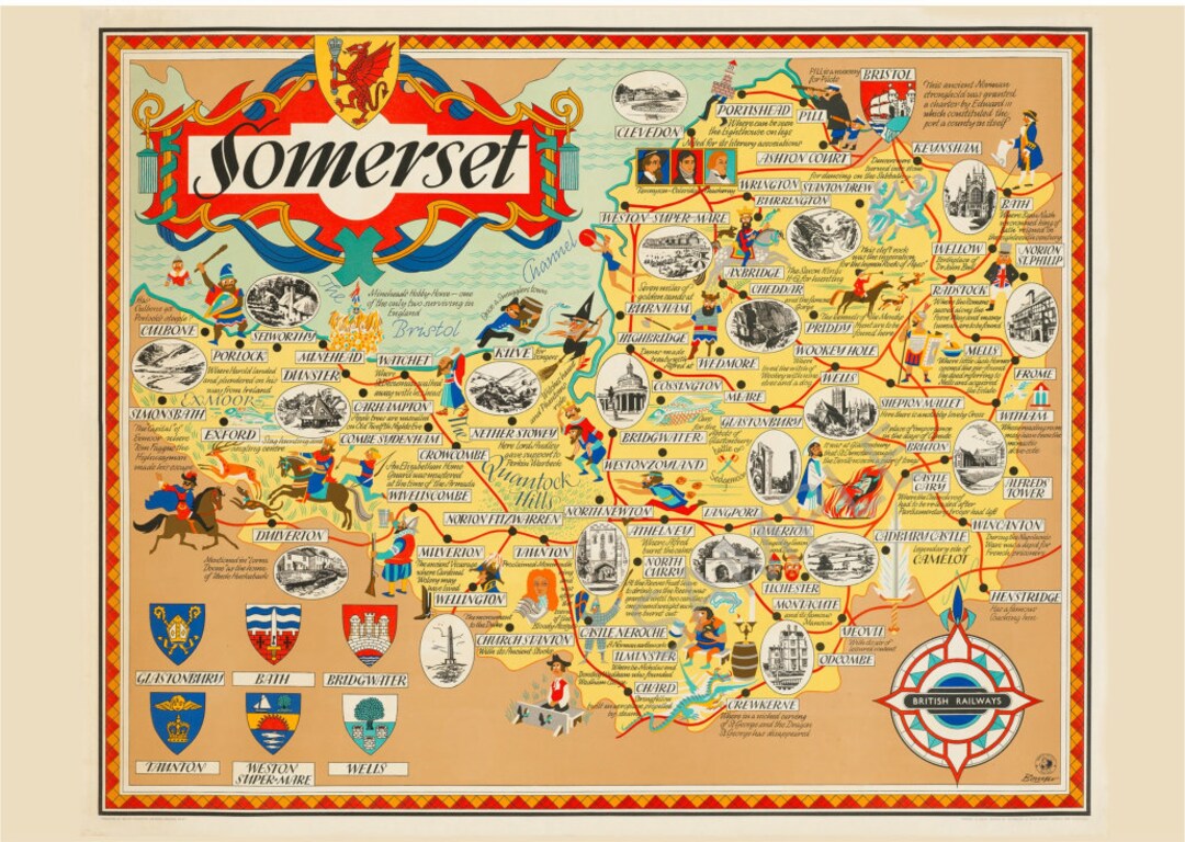 Vintage Poster Old County Map SOMERSET Train Travel Advertising Sign ...