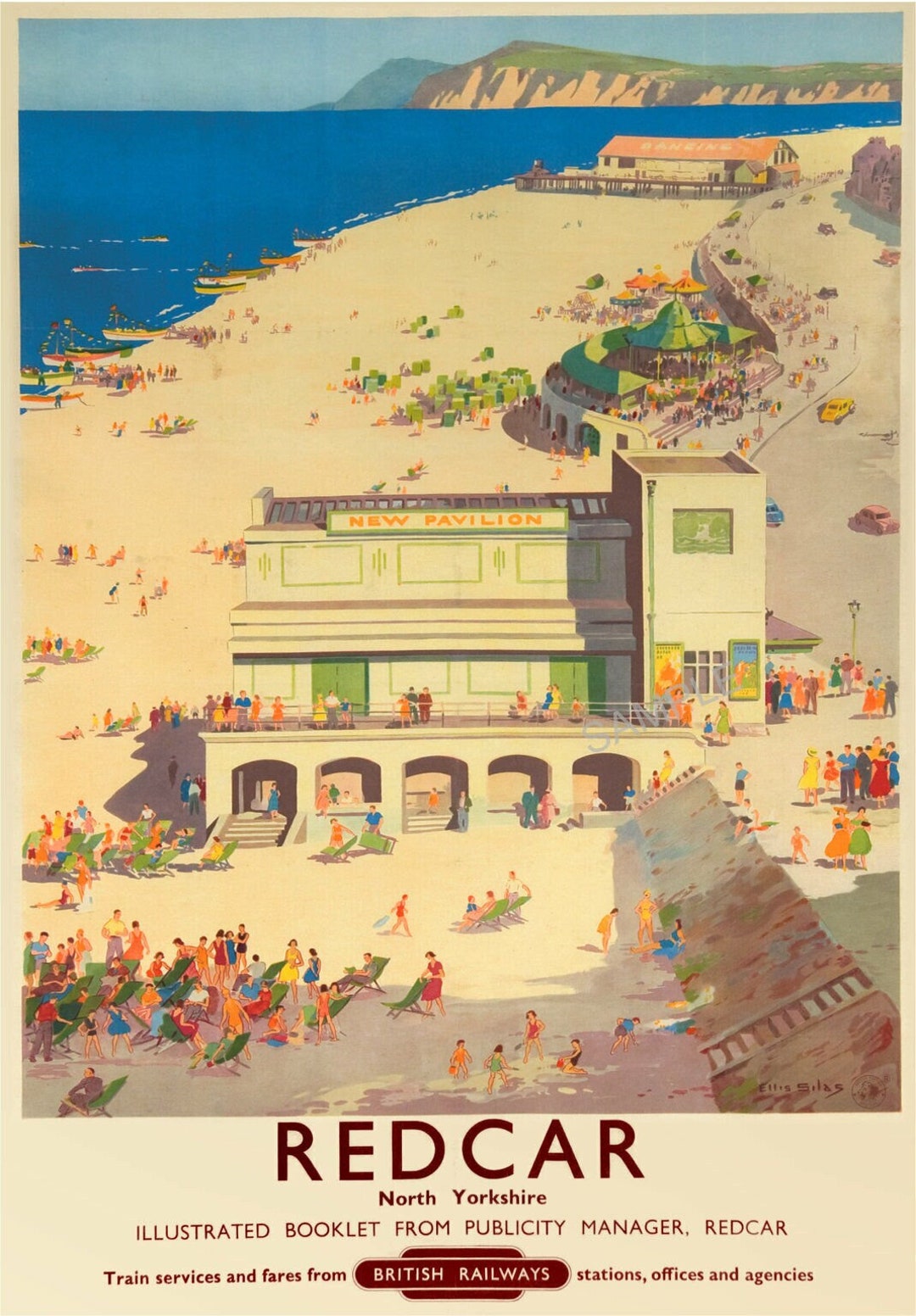 Vintage Railway Poster Redcar Art Deco Seaside Holiday Advert Art Print ...