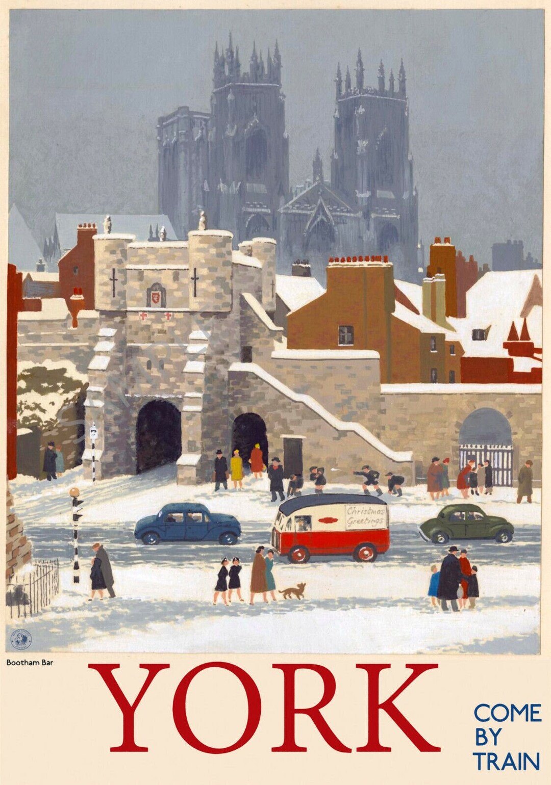 Vintage Railway Poster York Roman Walls Xmas Snow Bootham Bar Art Print ...