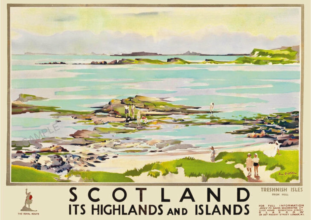 Vintage Railway Poster Scottish Highlands Scotland Treshnish Isles ...