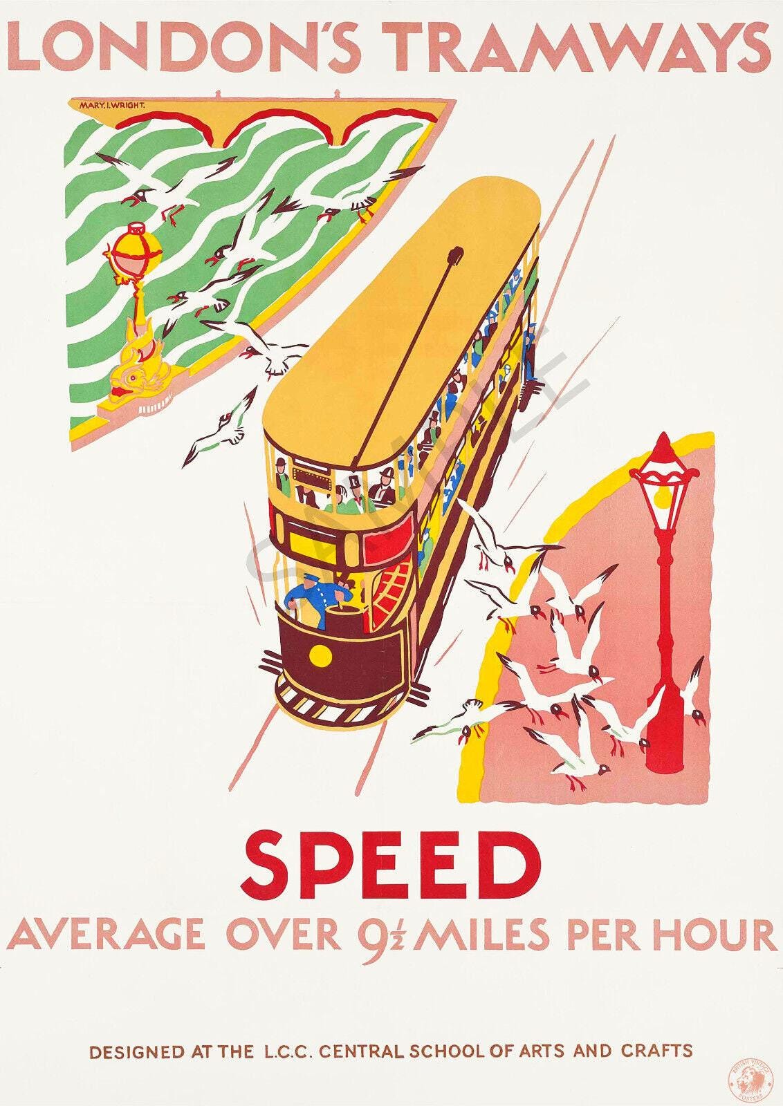 Vintage Poster London's Tramways Transport Advert Fast Tram Park Art ...