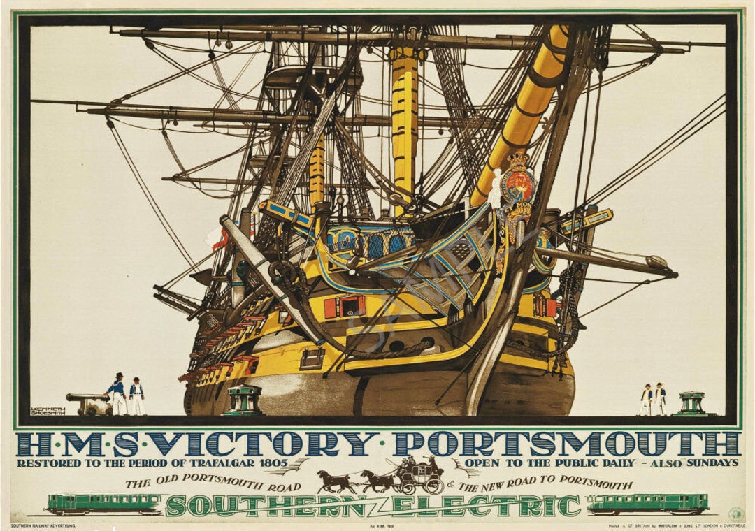 Vintage Railway Poster Hms Victory Portsmouth Train Advert Nelson Print ...