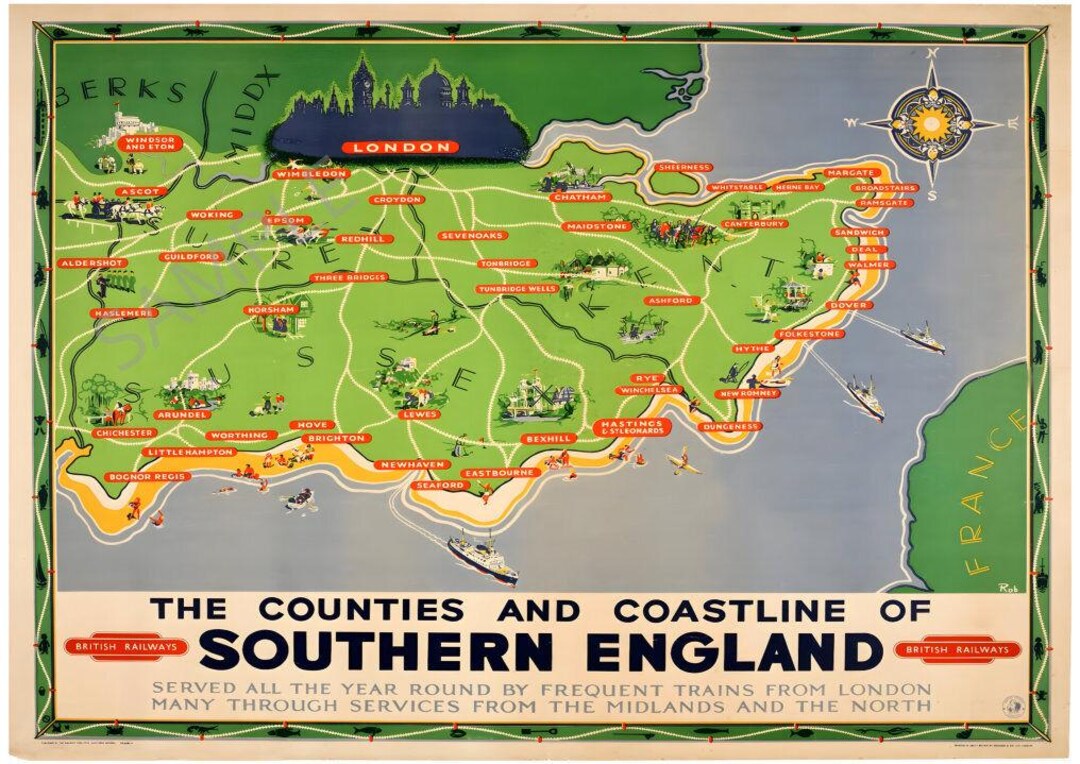 The Counties and Coastline of Southern England Map Br Vintage Poster - Etsy