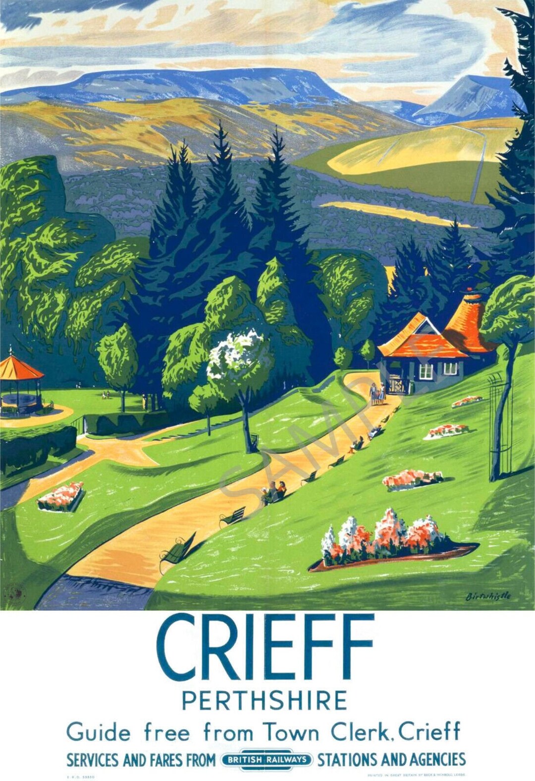 Vintage Railway Poster Crieff Scotland Scottish Highland Walks Art ...