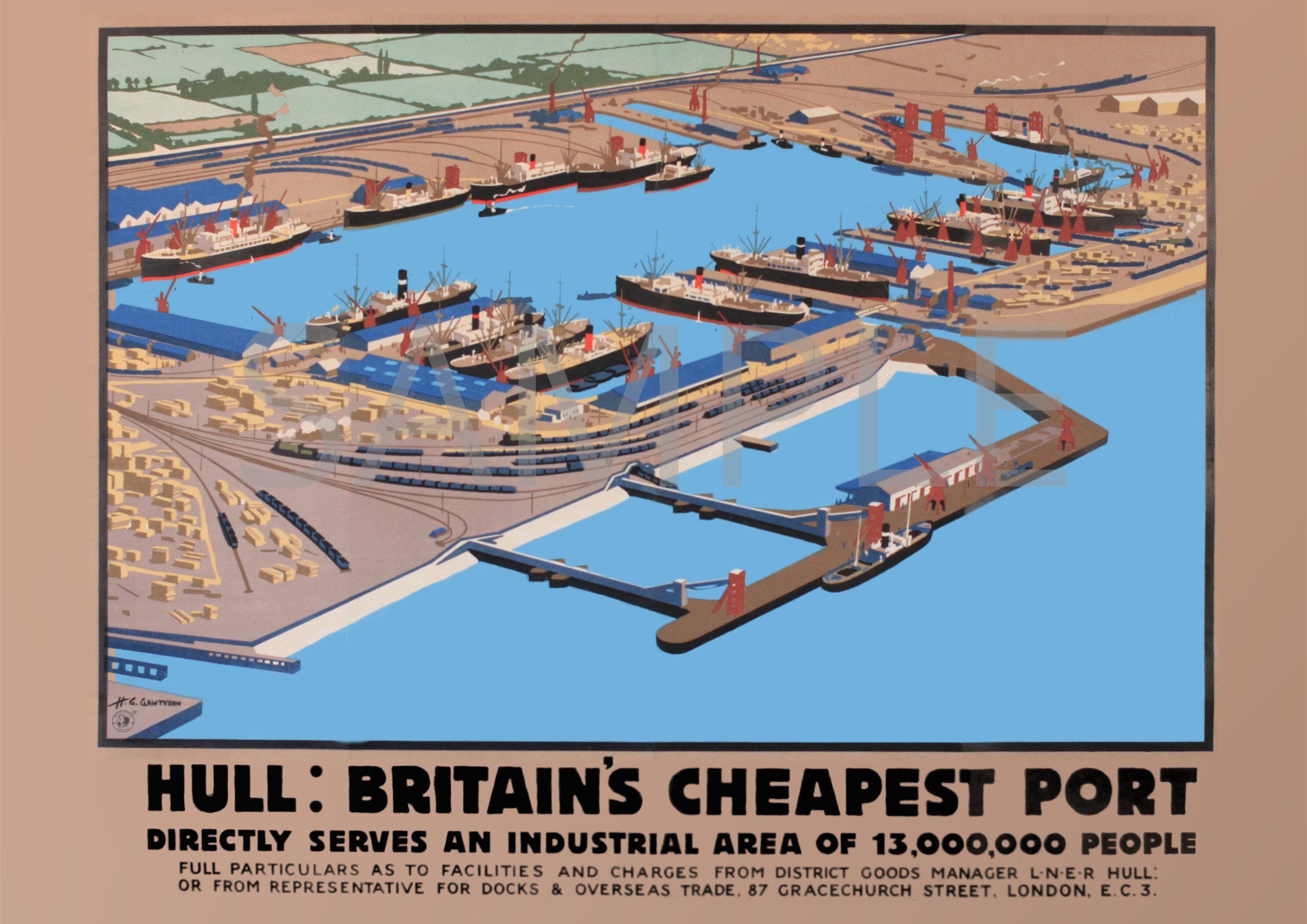 Vintage Railway Poster Hull Docklands Train Travel Advert Art Deco ...