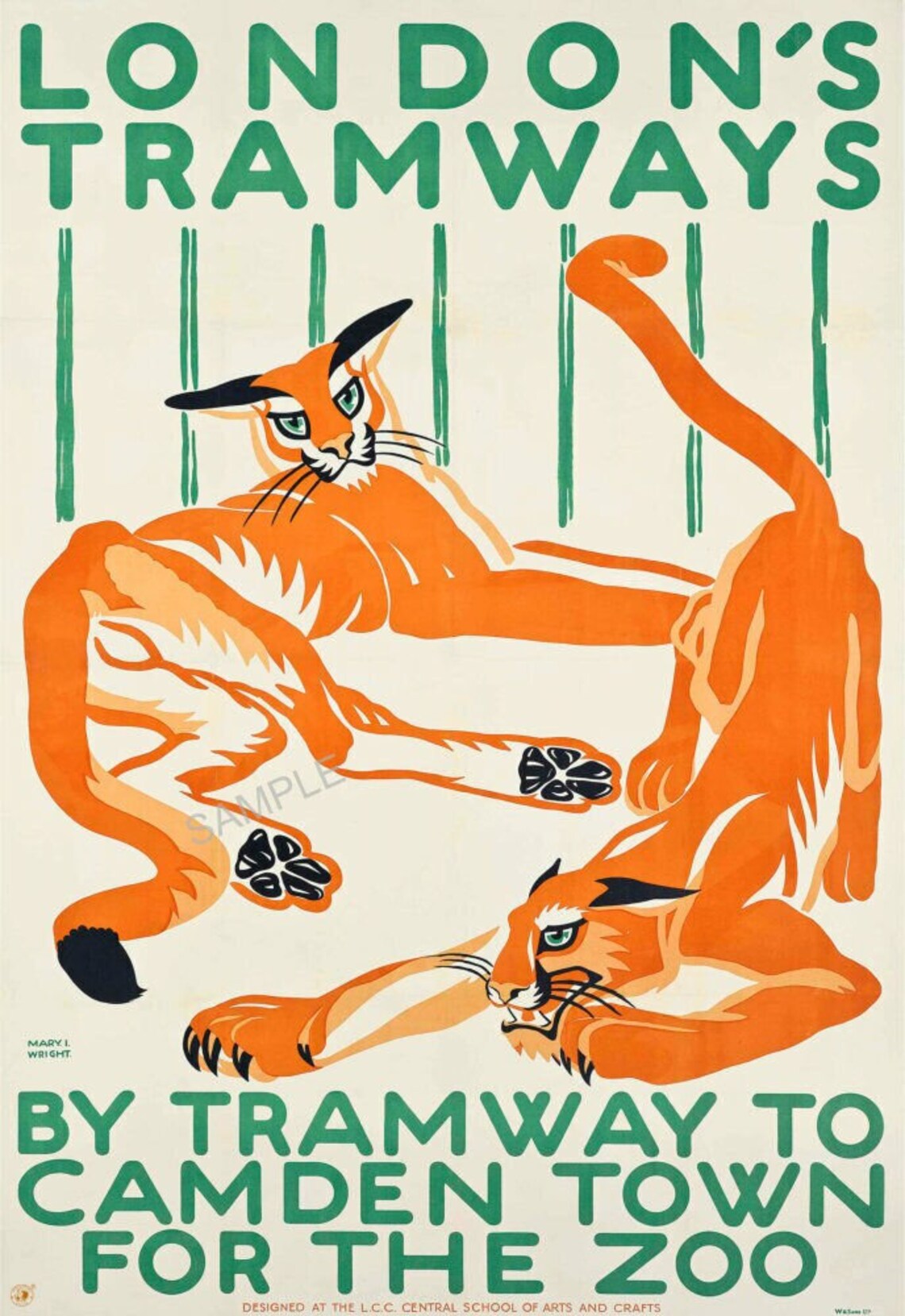 Vintage Poster London Zoo Lynx Cats Camden Tramway Advert Art Deco ...