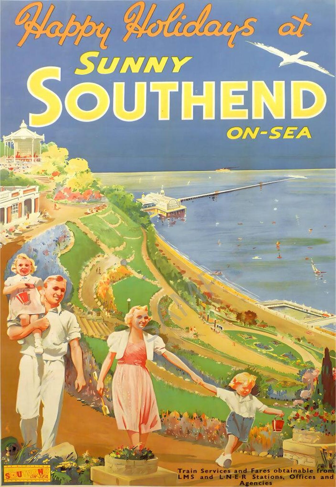 Sunny Southend on Sea Lms Lner Happy Holidays Vintage Railway Poster ...