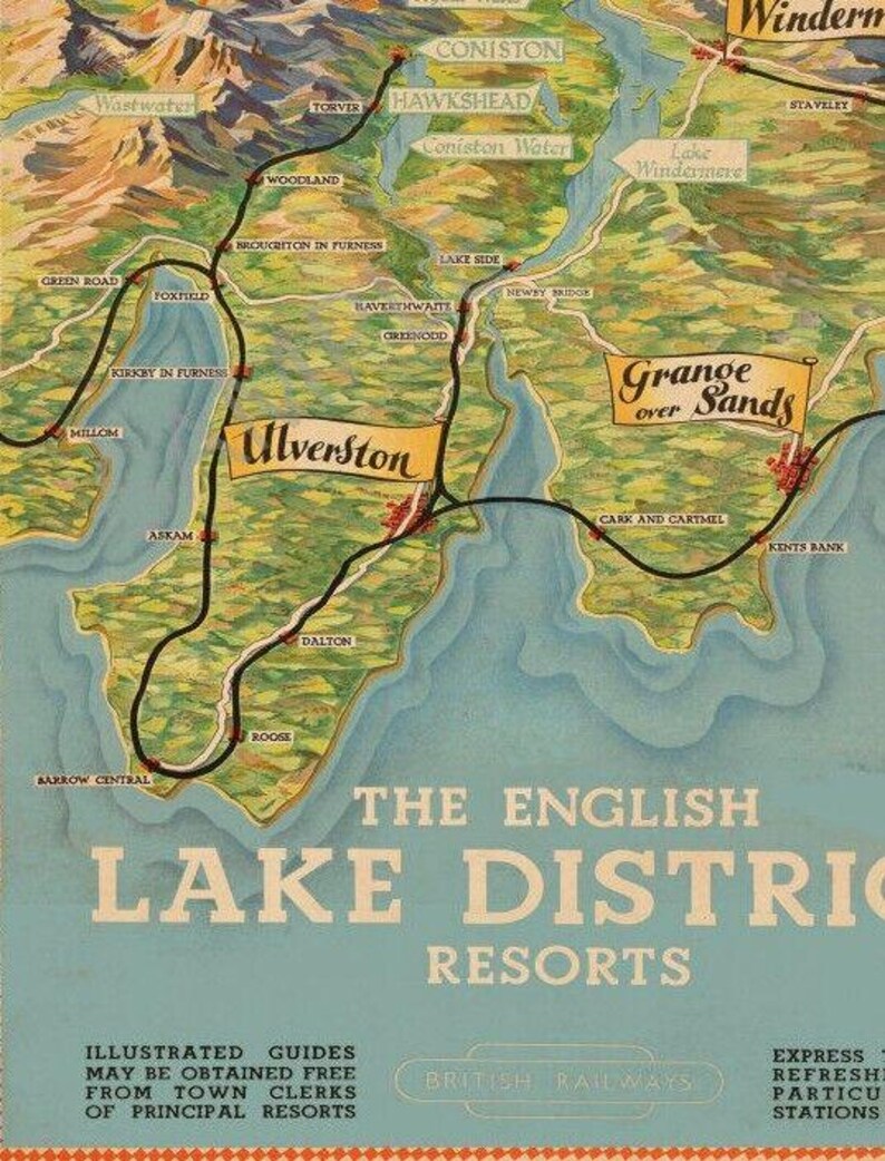 Vintage Poster Lake District the English Lakes Resort Map British Rail ...