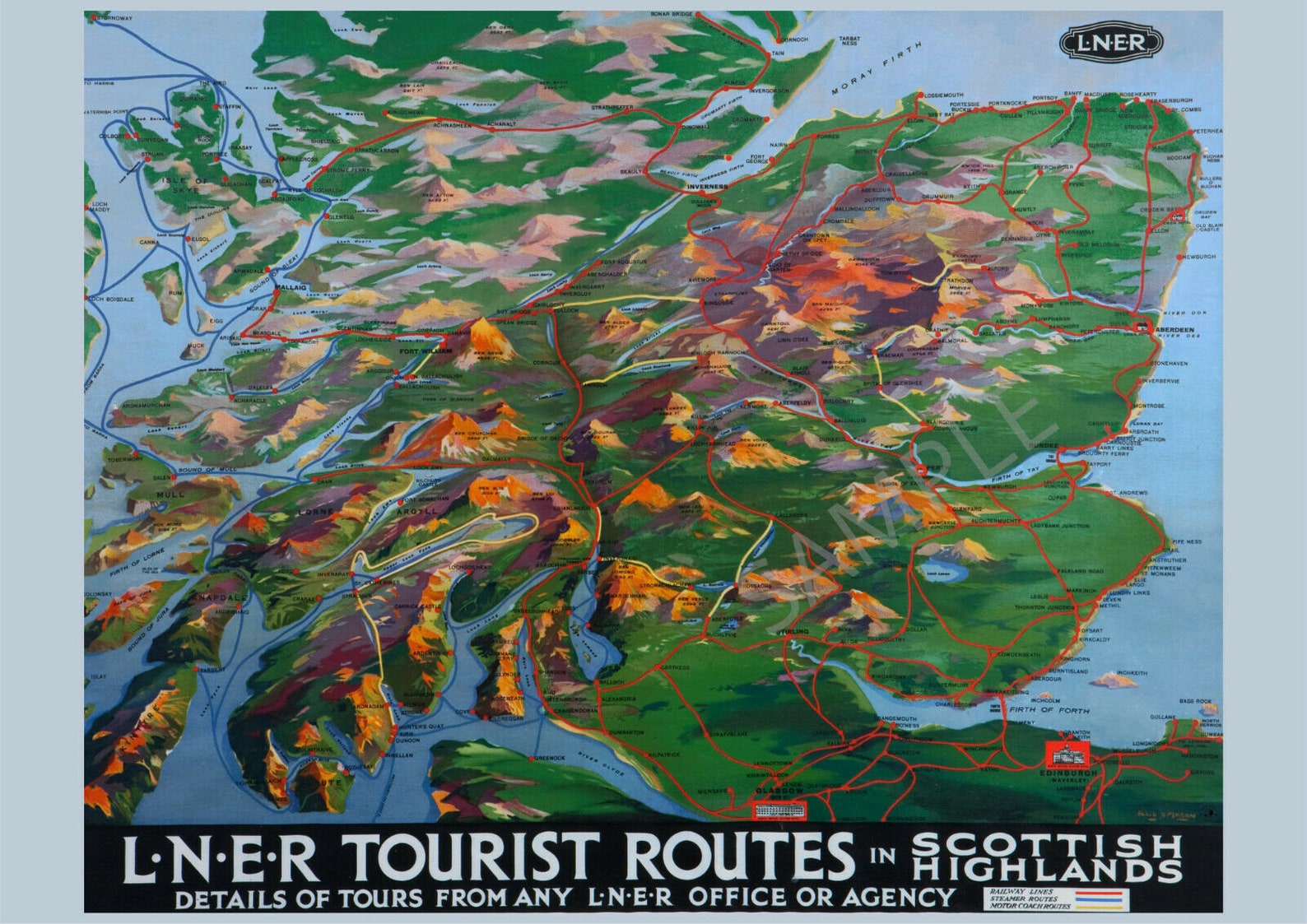 Vintage Railway Poster Scottish Highlands Map Scotland Train Routes ...