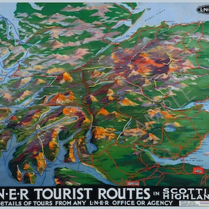 Vintage Railway Poster Scottish Highlands Map Scotland Train Routes ...