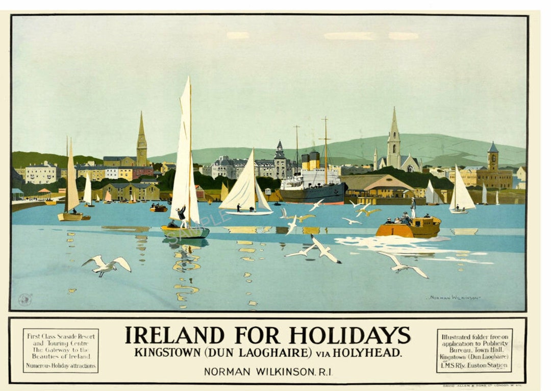 Vintage Railway Poster Dun Laoghaire Ireland Harbour Ferry Boats Art ...
