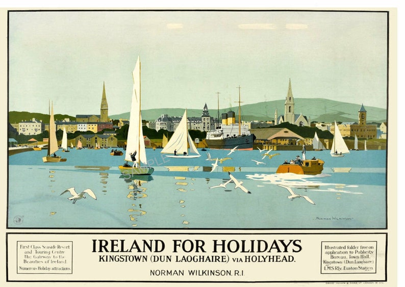 Vintage Railway Poster Dun Laoghaire Ireland Harbour Ferry Boats Art ...