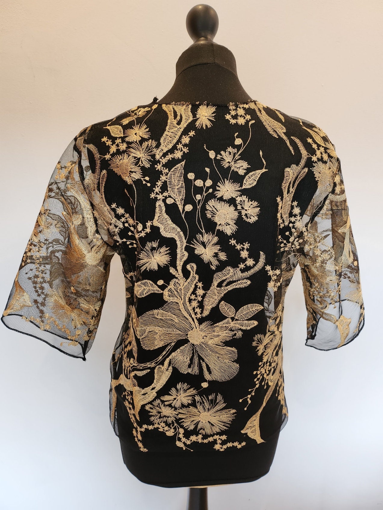 Ladies Evening Party Top Black Gold Embroidered Mesh Tulle Net Lace ...