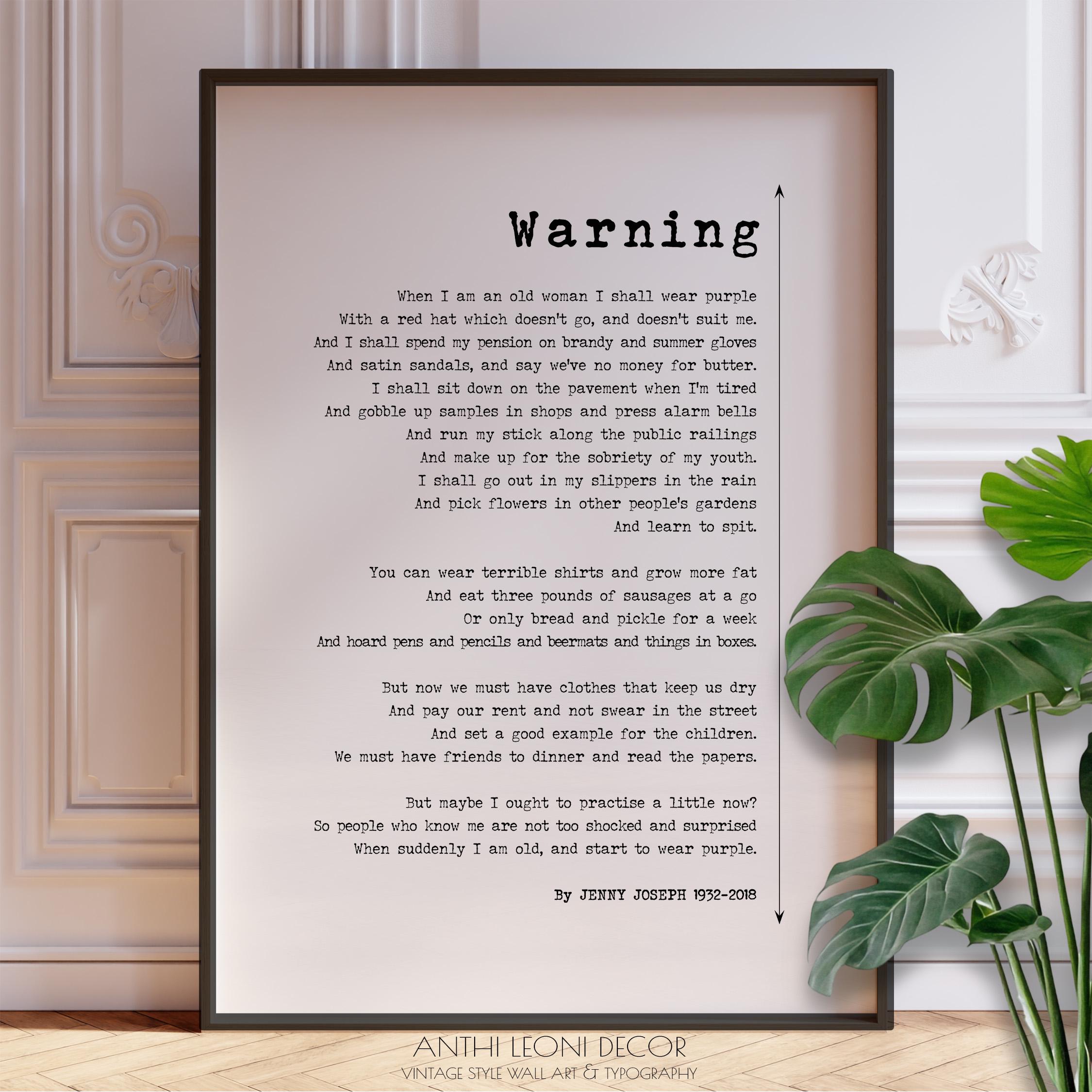 Red Hat Society Poem Poem Warning Poem Print Jenny Joseph When I Grow ...