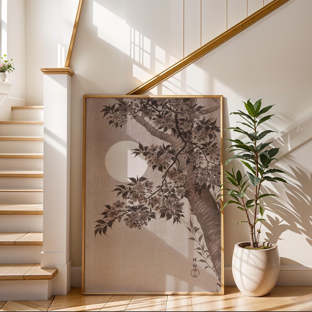 Sepia Japandi Wall Art - Zen Moon & Blossom Tree Print, Vintage ...