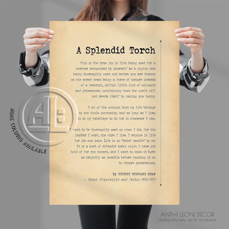 A Splendid Torch Quote by George Bernard Shaw Poster, Vintage Poem ...