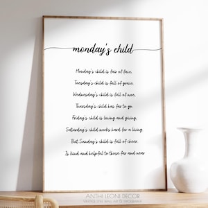 Mondays Child Poem Print, Baby Room Decor, New Born Nursery, Baby Rhyme ...