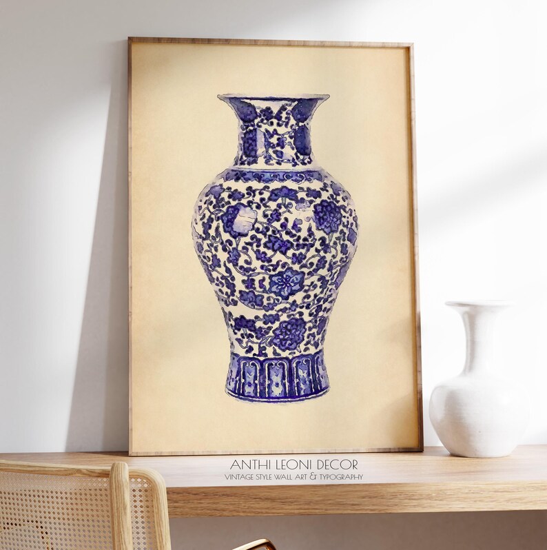 Vintage Willow Pattern Vase Print - Blue and White Chinoiserie ...