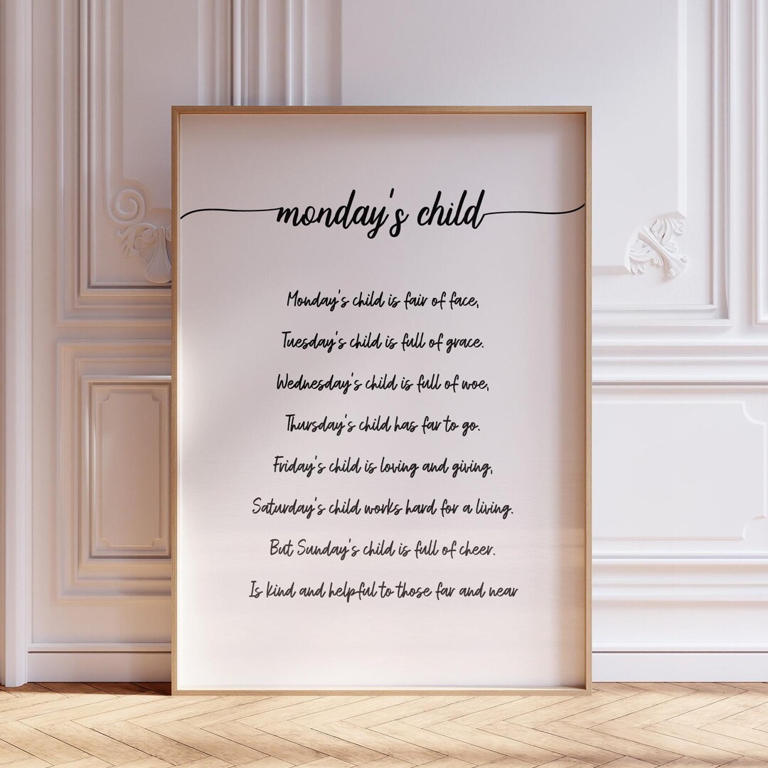 Mondays Child Poem Print, Baby Room Decor, New Born Nursery, Baby Rhyme ...