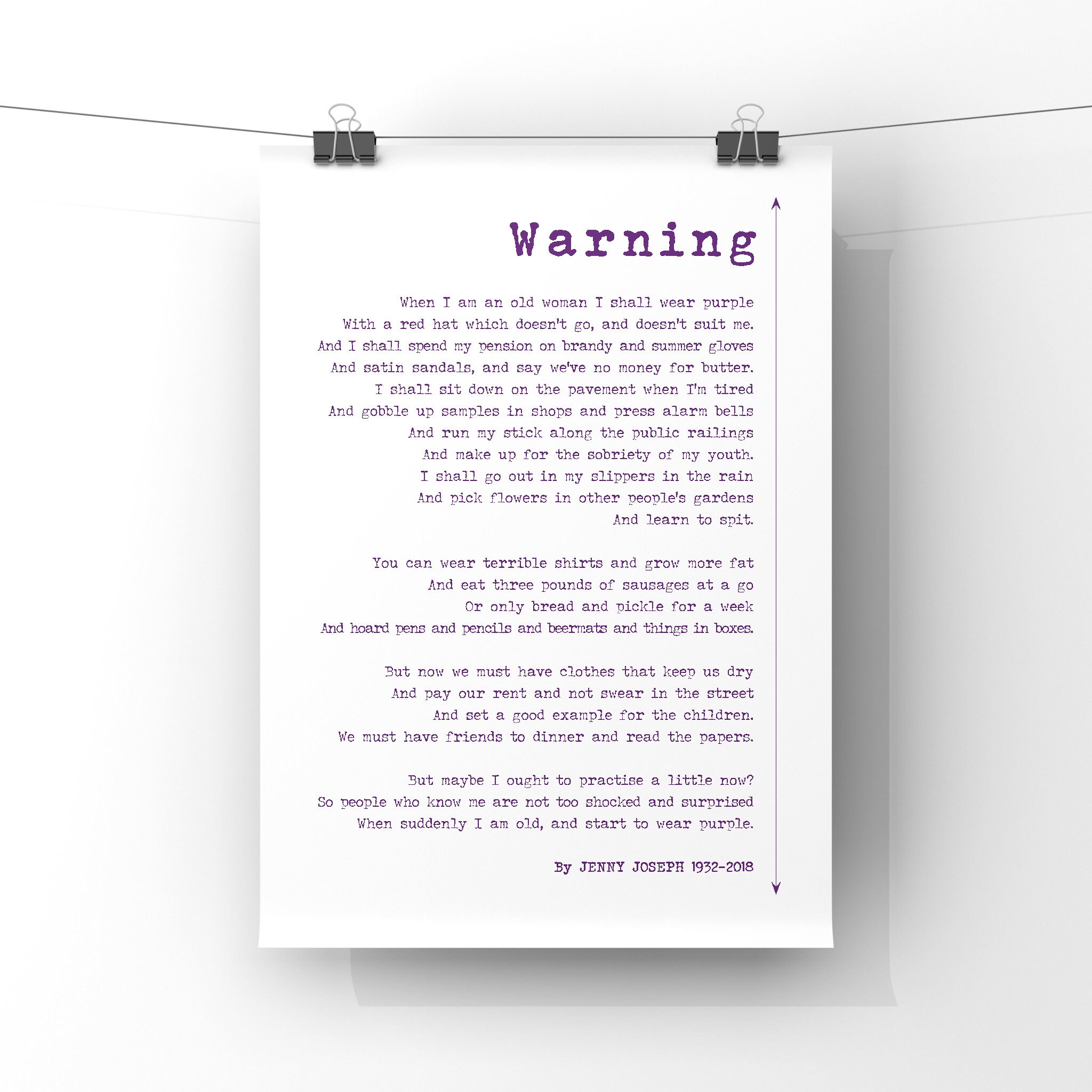 Purple Hat Poem Warning Poem Print by Jenny Joseph When I - Etsy UK