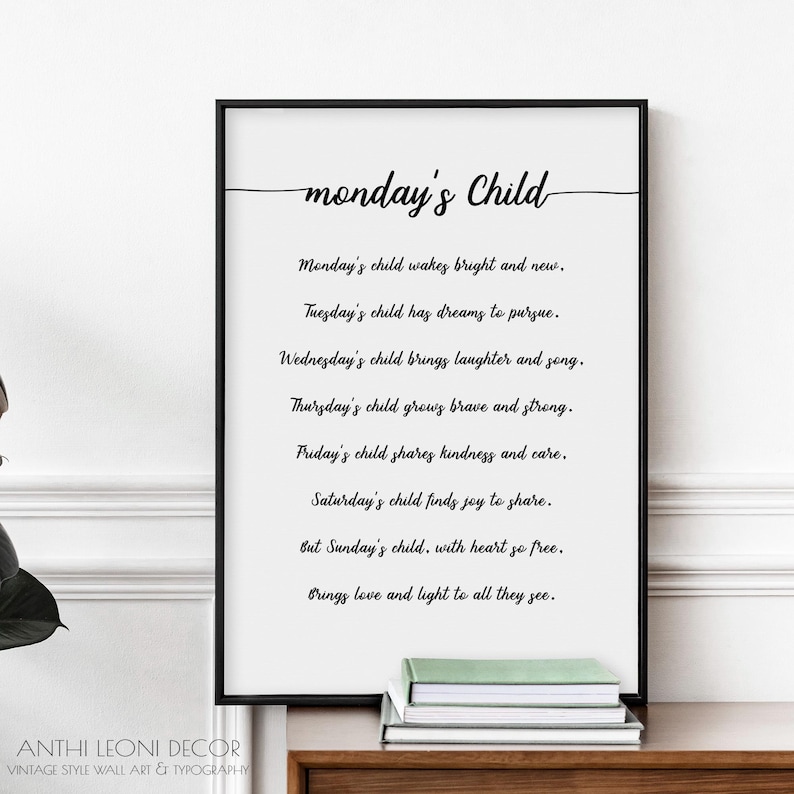 Monday's Child Poem Print - Nursery Rhyme Wall Art in Script Font ...