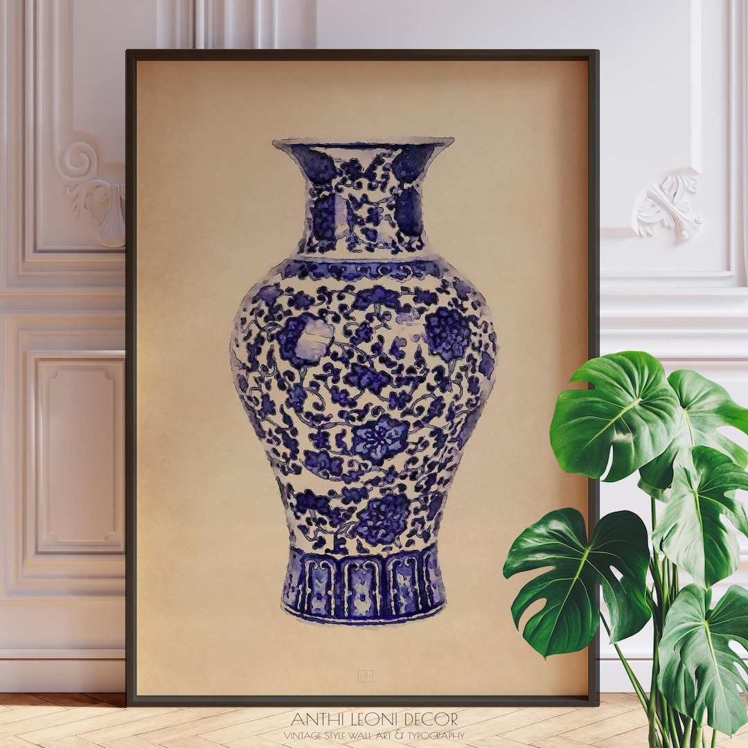 Vintage Willow Pattern Vase Print - Blue and White Chinoiserie ...
