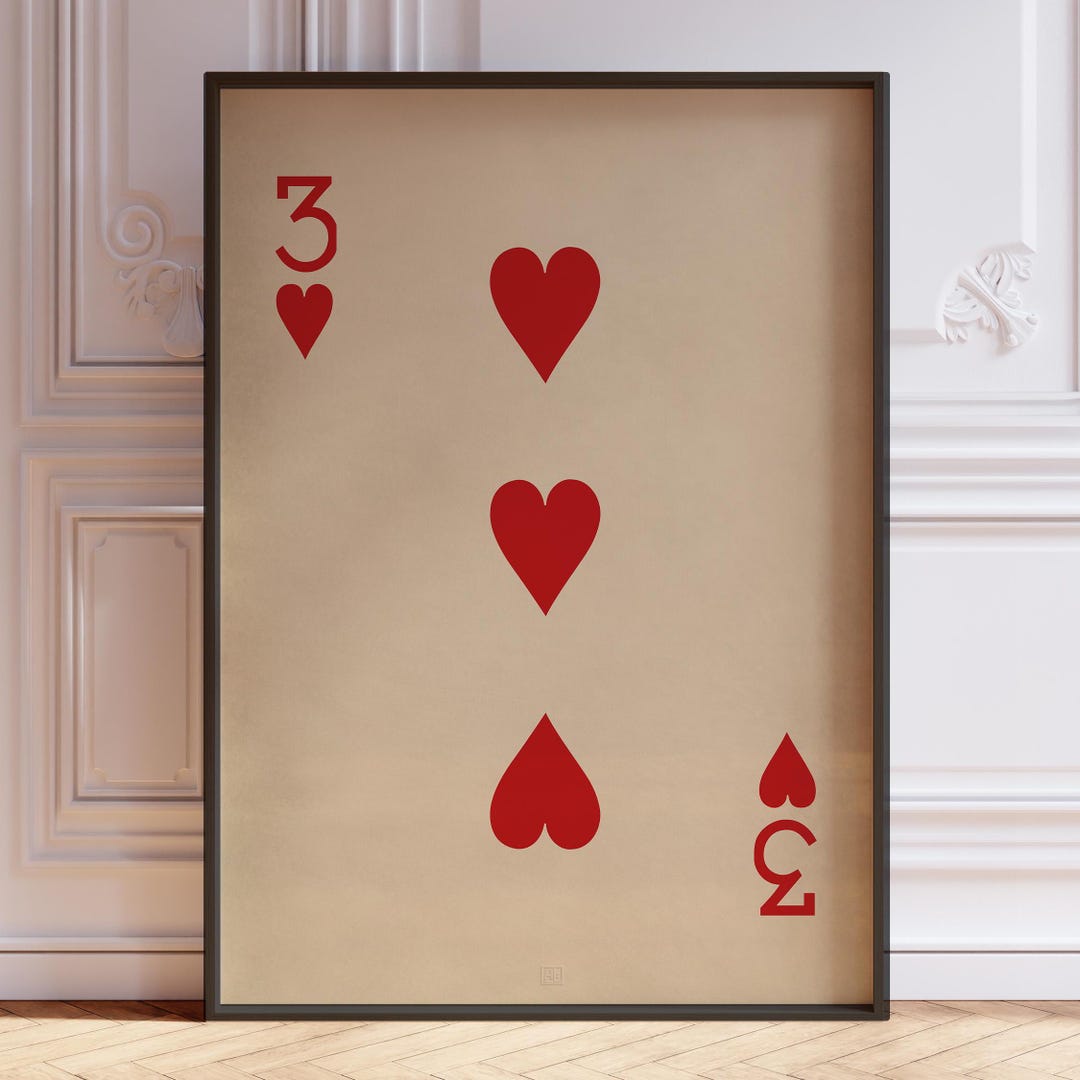 Three of Hearts Poster Print, Vintage Playing Cards Wall Art Print, Red ...