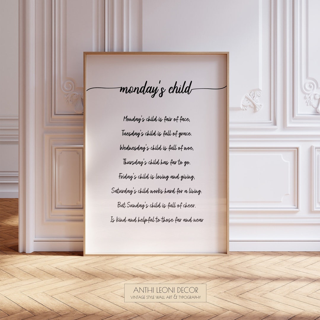 Mondays Child Poem Print, Baby Room Decor, New Born Nursery, Baby Rhyme ...