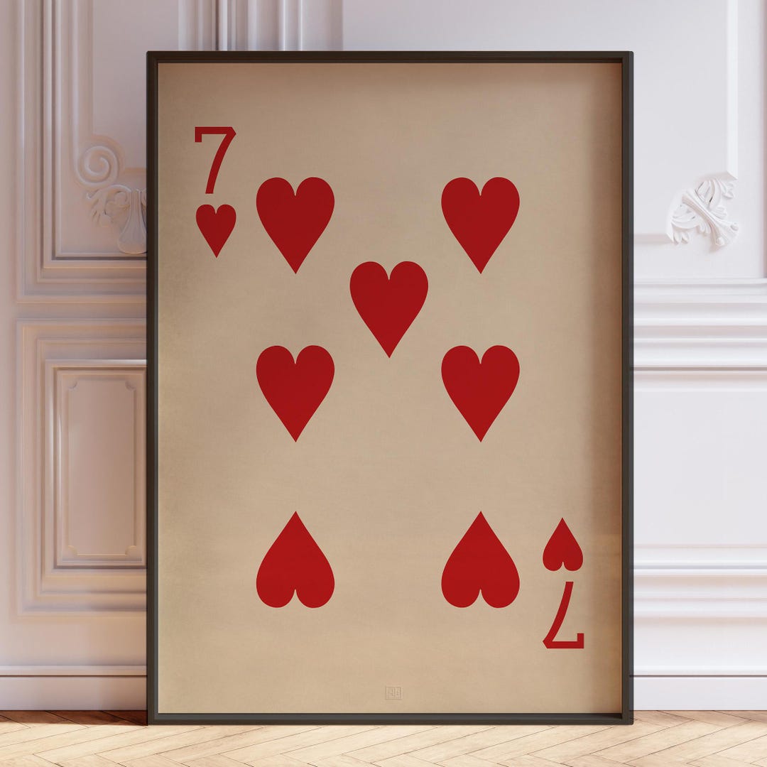 Seven of Hearts Poster Print, Seven Heart Wall Decor, Vintage Playing ...